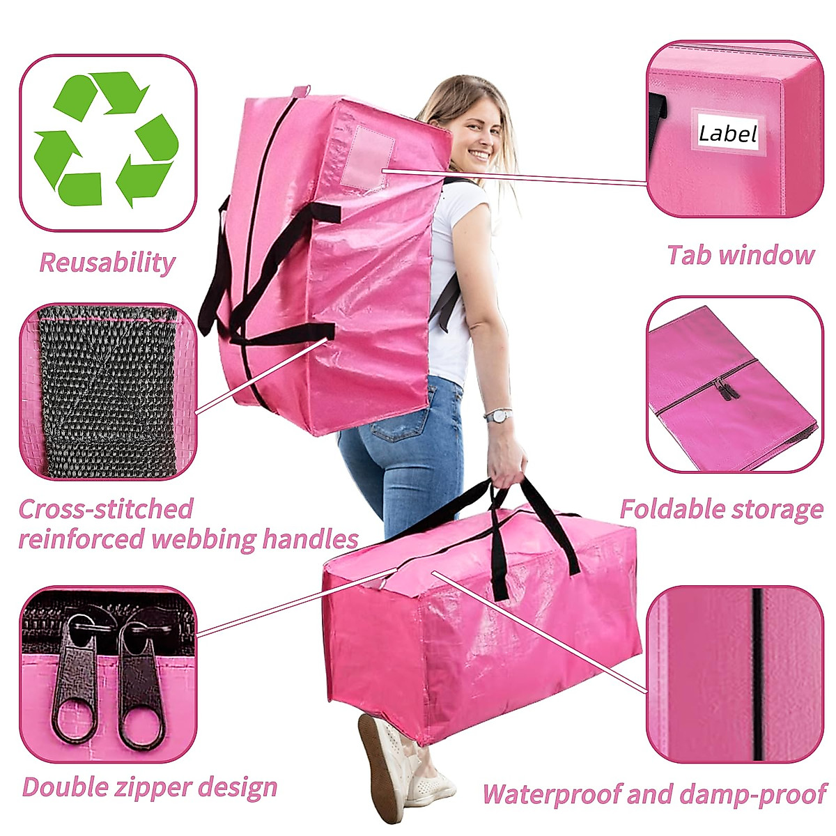 Moving Bags 8PCS Extra Large with Carrying Handles Backpack Straps, Heavy Duty Moving Bags for Space Saving Packing, Storage Totes of College Essentials Moving Supplies (Pink)