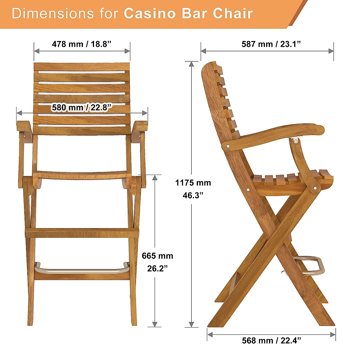 INTERBUILD REAL WOOD Acacia Hardwood Foldable Casino Bar Height Chair with Foot and Arm Rests, 26" Tall, 2 Piece Set - Golden Teak