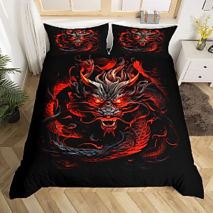 Red Black Dragon Duvet Cover Set Queen Size,Glowing Flame Dragon Bedding Set 3Pcs for Kids Boys Men Adult Bedroom Decor,Wild Animals Comforter Cover Cool Magical Style Quilt Cover,2 Pillowcases