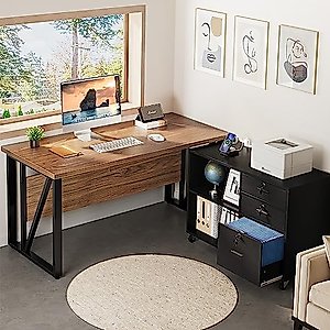 YITAHOME 55" Executive Desk and Lateral File Cabinet, 3 Drawers File Cabinet with Charging Station, L Shaped Desk Computer Desk Home Office Furniture Sets with Drawers & Storage Shelves, Walnut+Black