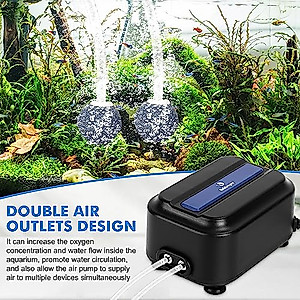 fishkeeper Aquarium Air Pump, 5W Dual Outlet Adjustable Fish Tank Aerator, 65GPH Quiet Oxygen Bubbler with Air Stone/Tubing/Check Valve/Connector for Fish Tank up to 100 Gallon