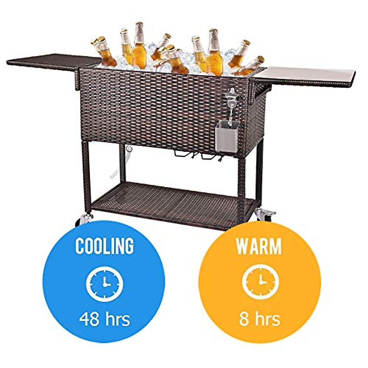 HOSFO 80 Quart Outdoor Rolling Patio Cooler Cart on Wheels, Portable Wicker Ice Chest, Rattan Beverage Bar for Patio Deck Party, Drink Cooler Cart with Bottle Opener, Cutting Board, Cover (Brown)