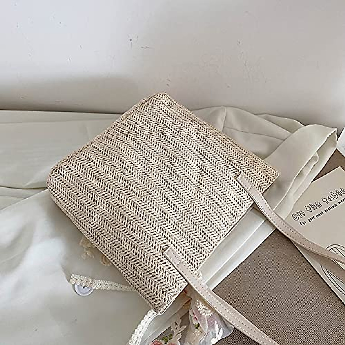 Women Straw Summer Beach Bag, Retro Women Woven Lace Ribbon Shoulder Bag Casual Tote Handbags (Beige)