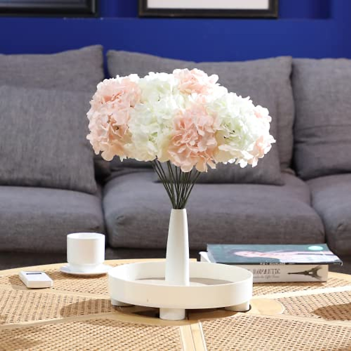 Alishomtll 5 Pcs Hydrangea Artificial Flowers with Removable Stems Full Silk Hydrangea Heads for Home Decor, Fake Faux Hydrangea Flowers for Wedding Centerpieces Party DIY Project (White)