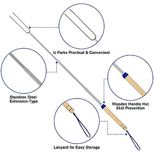 Marshmallow Roasting Sticks 32 inches Telescoping Marshmallow Skewers & Hot Dog Forks Stainless Steel Smores Skewers with Wooden Handle Storage Bag for Campfire Camping Bonfire and Grill（12 Pack ）