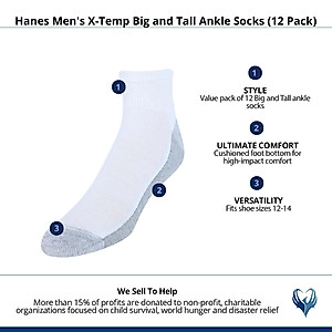 Hanes Men's, X-Temp Cushioned Ankle Socks, 12-Pack, White-12 Pack, 12-14
