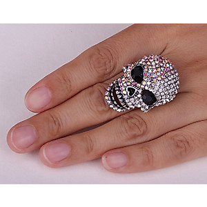 YACQ Women's Skull Stretch Rings Fit Finger Size 7 TO 9 - Moving Jaw - Lead & Nickle Free - Paved Crystals - (1-1/2 x 1) Inch - Scarf Holders - Women Girls Biker Jewelry (Silver AB)