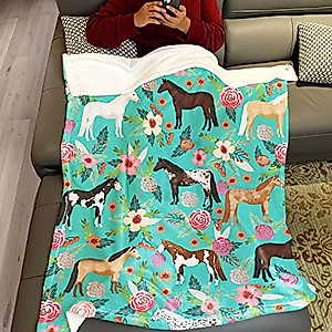 YISUMEI Flower Horse Throw Blanket Horse Green with Flowers Fleece Blanket Soft Warm Cozy for Sofa Couch Bed 50"x60"