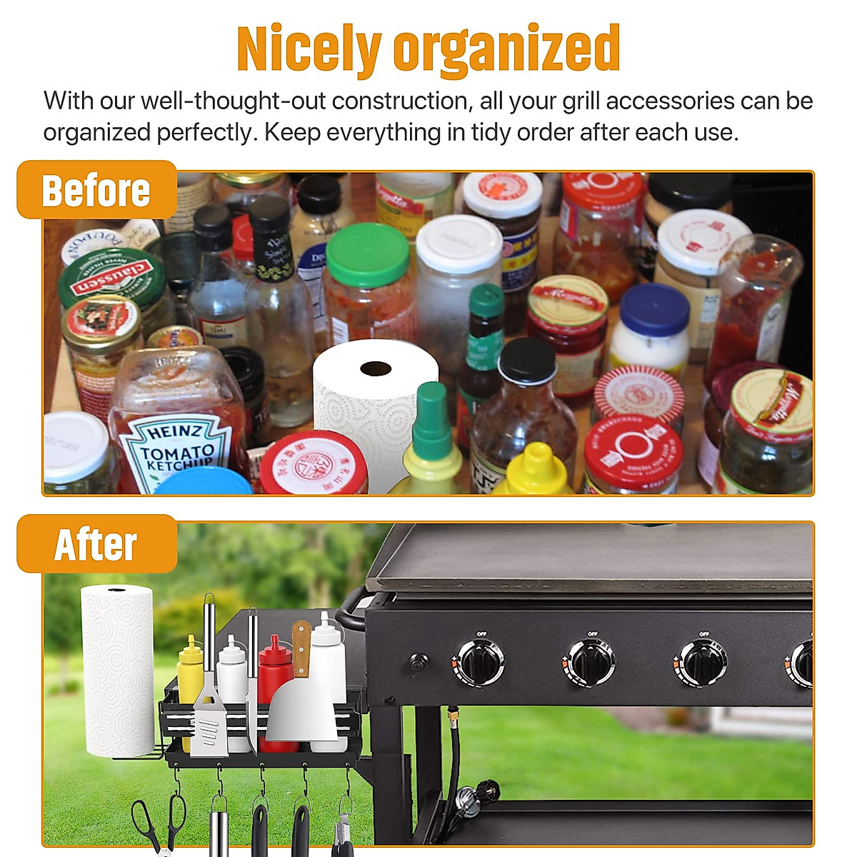 RUSFOL 3-in-1 Stainless Steel Griddle Caddy with Magnetic BBQ Utensil Strip and Paper Towel Holder for 28"/36" Blackstone Griddles,Space Saving BBQ Accessories Storage Box,Easy install&Free from Drill