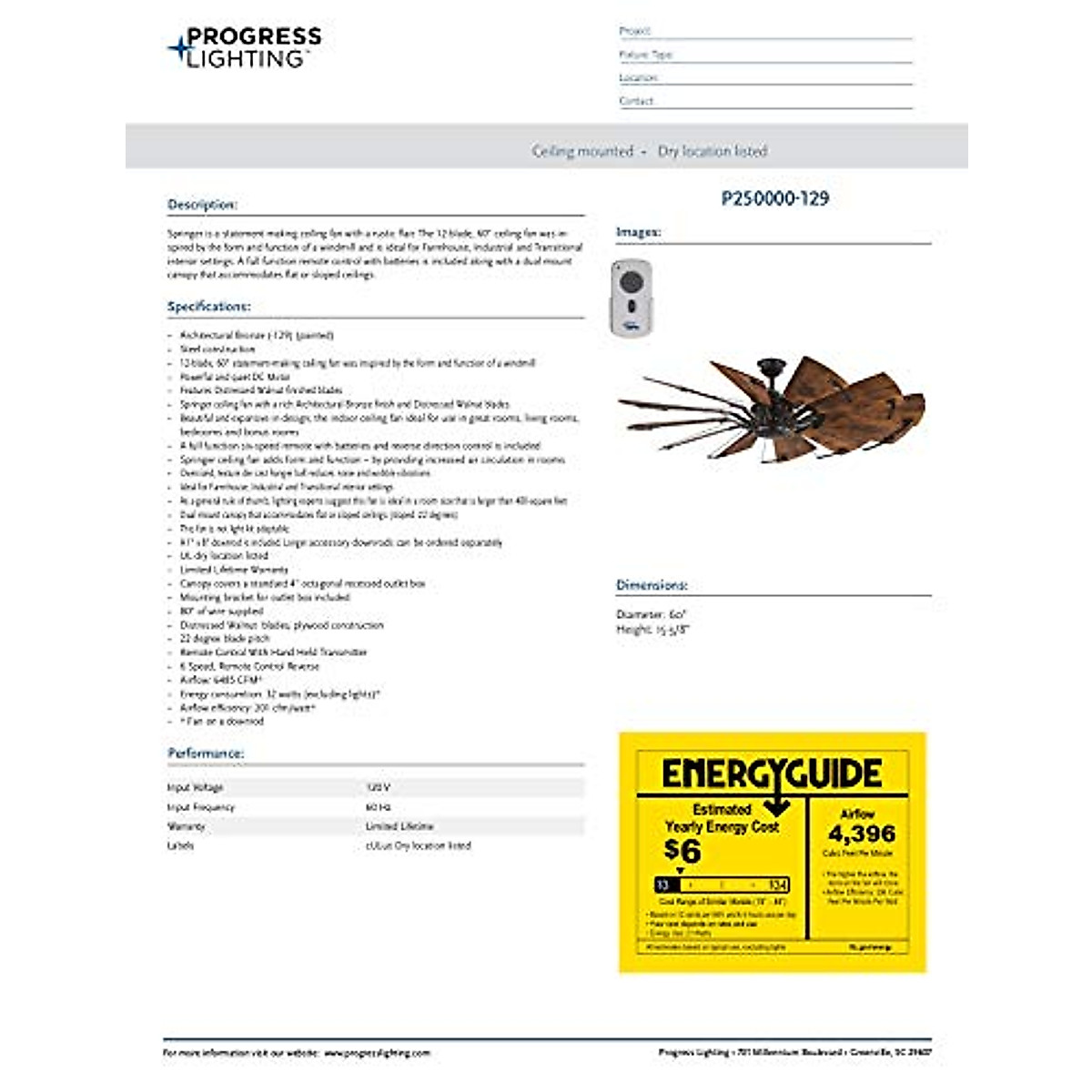 Springer Collection 60-Inch 12-Blade Distressed Walnut Coastal Windmill Ceiling Fan, Bronze