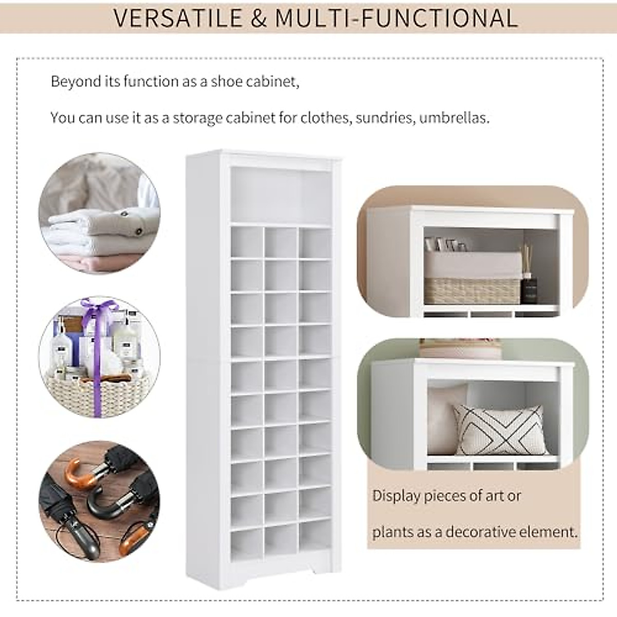 JCSTEU Stylish Design 30 Shoe Cubby Console Versatile, Contemporary Shoe Cabinet with Storage, Free Standing Tall Cabinet for Hallway, Bedroom (White)