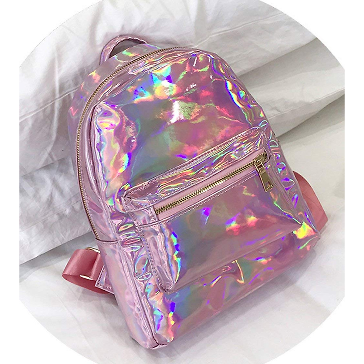 MOSSTYUS Small Holographic Rainbow Shoulder Bag Metallic Satchel Shiny Travel Daypack for Women Lady