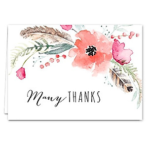 Boho Spirit Thank You Note Cards / 36 Greeting Cards With White Envelopes Set / 6 Floral And Feather Gratitude Card Designs / 3 1/2" x 4 7/8" Thanks Note Cards