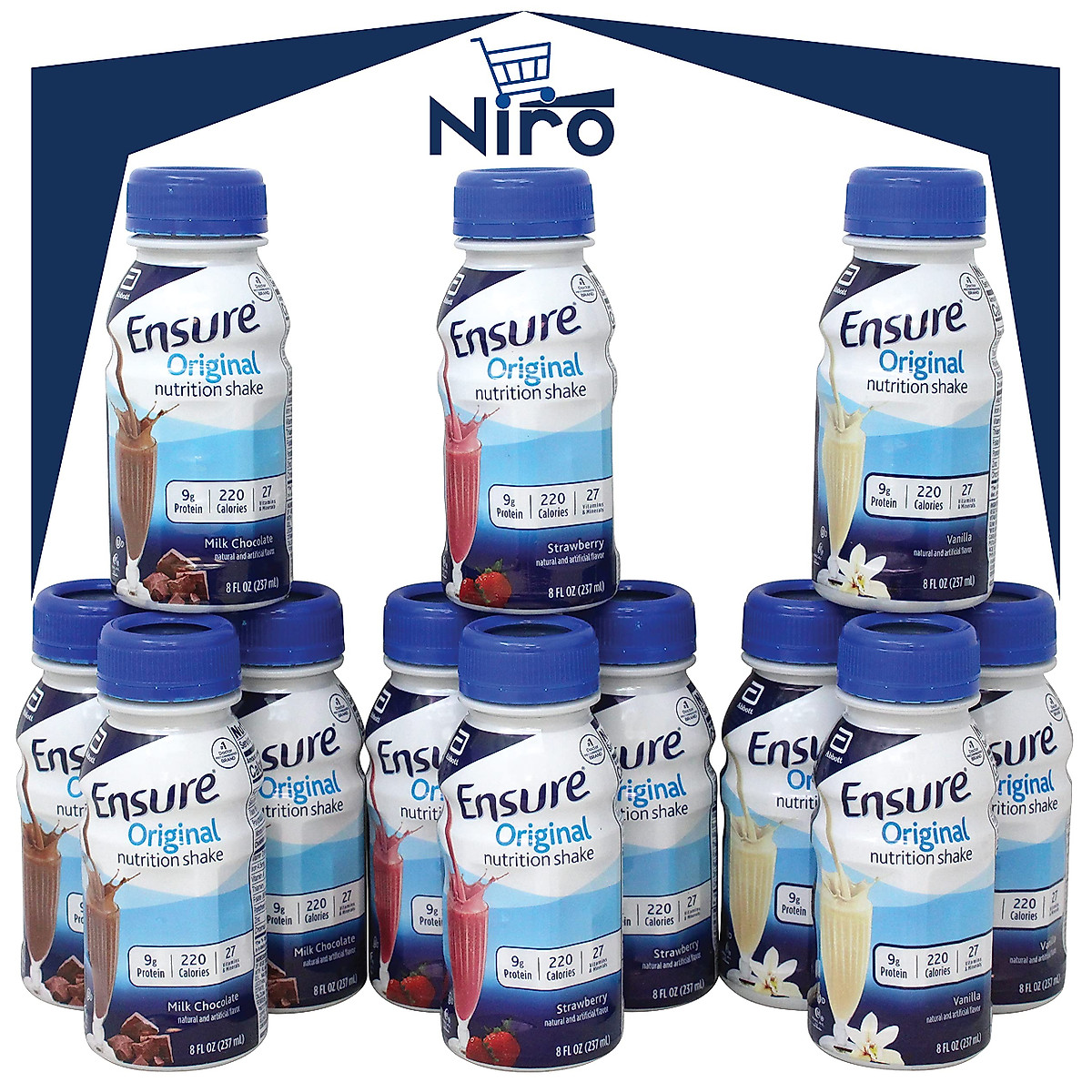 Niro Assortment | Ensure Original Nutrition Shakes | Variety Pack | Milk Chocolate Shake, Vanilla Shake, and Strawberry Flavors | Nutritional Full of Vitamins and Minerals 12 Pack | With Niro Travel Beverage Sleeve