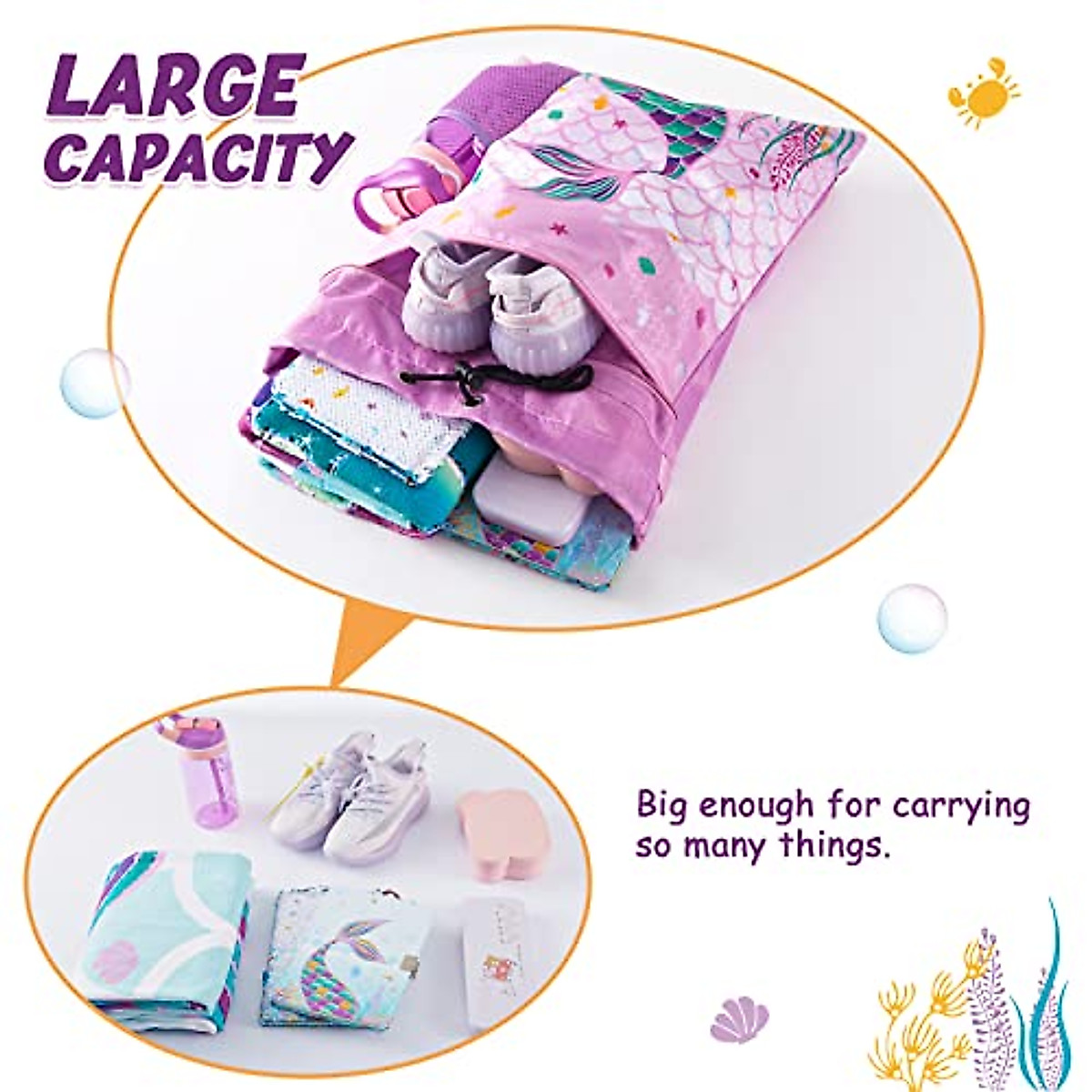 WAWSAM Mermaid Gym Drawstring Backpack String Bag - 15” × 17” Sports Gym Bag for Girls Kids Waterproof Swimming Beach Shopping Yoga Sackpack Birthday Gift with Zippered Pocket and Water Bottle Pocket