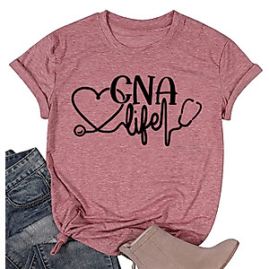 TSIIUO Women's CNA Life T-Shirt Cute Graphic Nurse Life Tees Funny Nursing School Gifts Short Sleeve Casual Tops Pink S