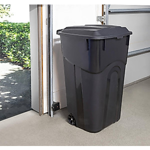 CJLXL 32 Gallon Wheeled Heavy Duty Plastic Garbage Can, Attached Lid, Black