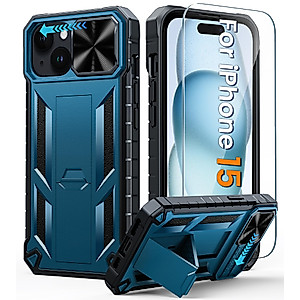 FNTCASE for iPhone 15 Protective Phone-Case: Military Grade Dropproof Cell Phone Cover with Kickstand & Slide | Heavy Duty Rugged Phonecase Bumper Textured | Heavy Duty Protector(Blue)