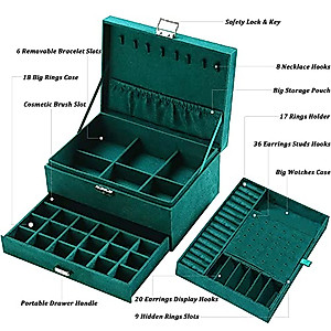 QBestry Jewelry Organizer Box for Women,Green Velvet Jewelry Box 3 Layer Large Jewelry Storage Case with Lock Rings Jewelry Box Organizer for Earrings Necklace Bracelets Storage Box,Green