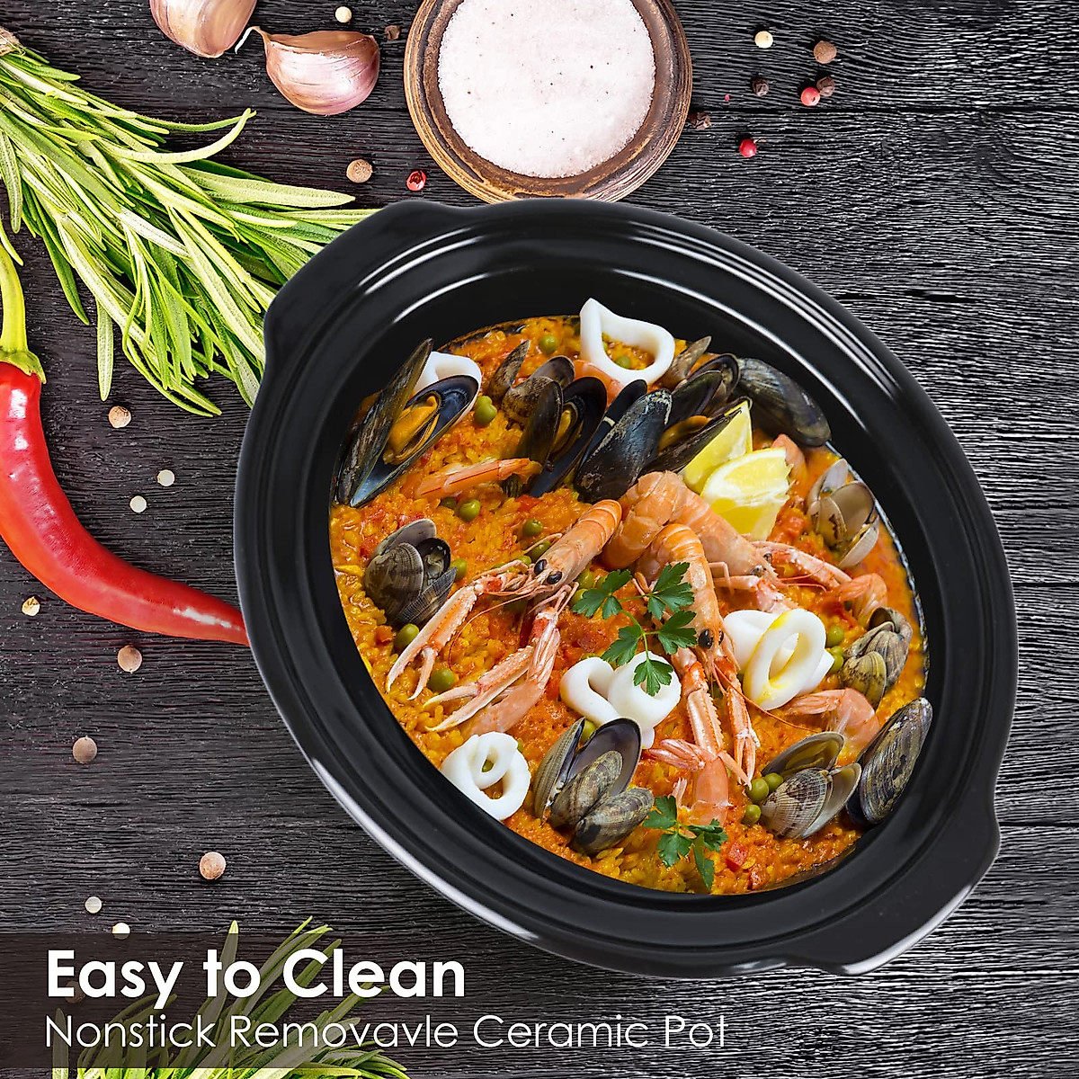 bathivy 7 Quart Slow Cooker, Electric Oval Programmable Slow Cooker with Nonstick Ceramic Pot, 3 Tempature Settings, Digital Countdown Timer, Keep Warm, Dishwasher Safe Glass Lid & Crock, Easy Carry Side Handles, Matte Black Powder Coating Housing