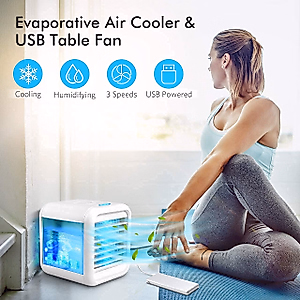 Portable Air Conditioner Fan, Personal Air Cooler with Icebox, USB Desk Fan with 3 Speeds, Evaporative Air Cooler for Home, Office & Outdoor Use, Air Humidifier, USB Charging, 7 Light Colors, Quiet