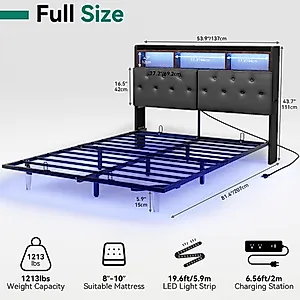 YITAHOME Full Floating Bed Frame with LED Lights, Platform Bed Frame with USB and Type C Ports Button Tufted Headboard, Upholstered Platform Bed with Bag, No Box Spring Needed, Noise Free, Black