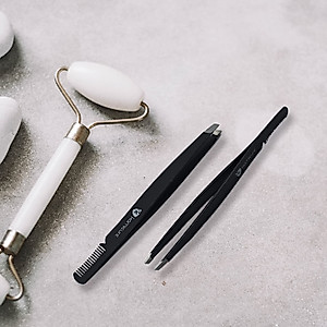 KAMICURE - Professional Tweezers with Comb Feature, Eyebrow Tweezers for Women Facial Hair Slant Tip Stainless Steel Ingrown Hair Tweezer