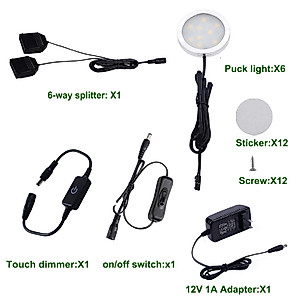 AIBOO Under Cabinet LED Puck Lights Kit with Touching Switch Dimmable for Kitchen Cupboard Closet Lighting (6 Lights,Warm White)