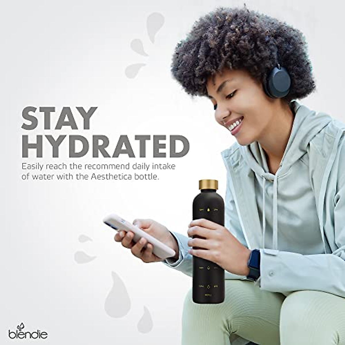 Blendie The Aesthetica Water Bottle with Time Marker - Large 1 Liter / 32 Oz BPA Free,Leakproof and No Sweat - Ensure You Drink Enough Water Daily for Fitness, Gym and Outdoor Activity