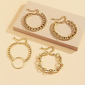 JWICOS Gold Chunky Chain Bracelet for Women Charm Boho Bracelet for Women Flat Cable Chunky Chain Bangle with Circle Set of 4 (Gold)