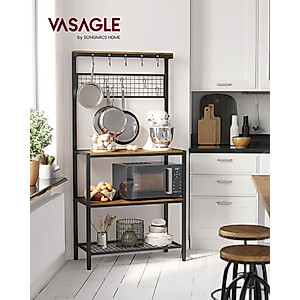 VASAGLE Bakers Rack, Coffee Bar, Kitchen Storage Shelf Rack with 10 Hooks, 3 Shelves, Adjustable Feet, for Microwave Oven, 15.7 x 33.1 x 66.9 Inches, Industrial, Rustic Brown and Black UKKS17BX