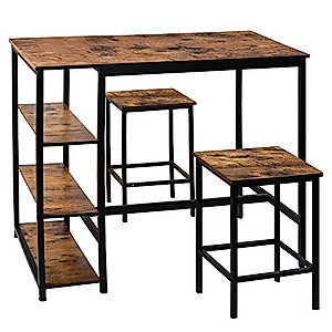 MUPATER High Industrial Bar Dining Table Set with Storage Shelves, Tall Counter Height Bar Table with Two Bar Stools and Foot Pads for Home, Kitchen and Living Room, Rustic Brown