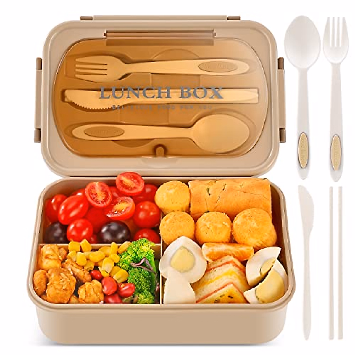 MYSEXY Bento Lunch Box for Kids and Adults with 3 Compartment Leak Proof Lunch Boxes for Men Women Food Containers with Spoon Fork Knife Chopsticks - 1400 ML (Khahi)