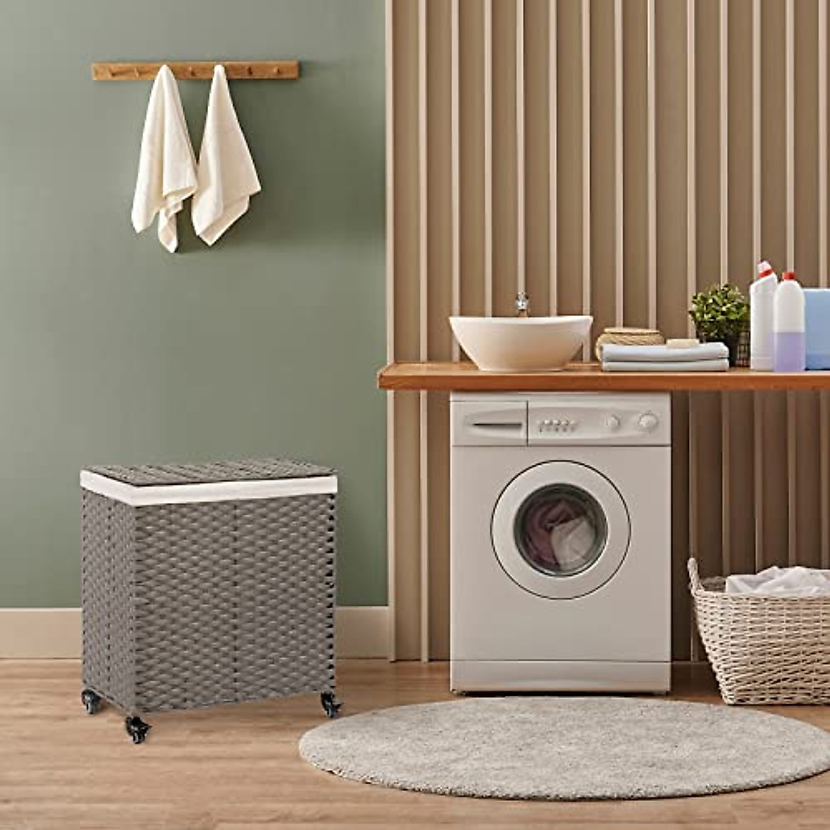 ALIMORDEN Wicker Laundry Hamper with Lid and Wheels Handles 100L Clothes Laundry Basket with 2 Removable Liner Bags Large Hampers for Laundry Organizer 3 Sections for Bedroom Bathroom Grey