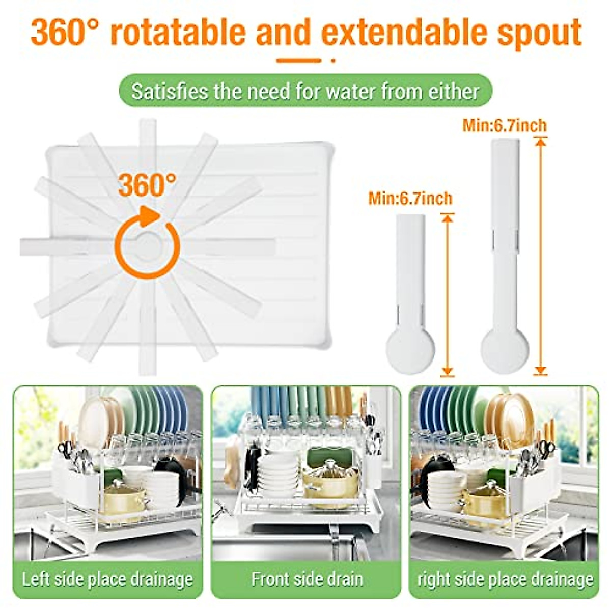 kenvc Dish Drying Rack,Large Dish Drying Rack，Dish Drainers for Kitchen Counter,Board Holder, 6 Cup Holder，Removable Large Capacity Dish Drainer, Rust-Proof Dish Drainer, White