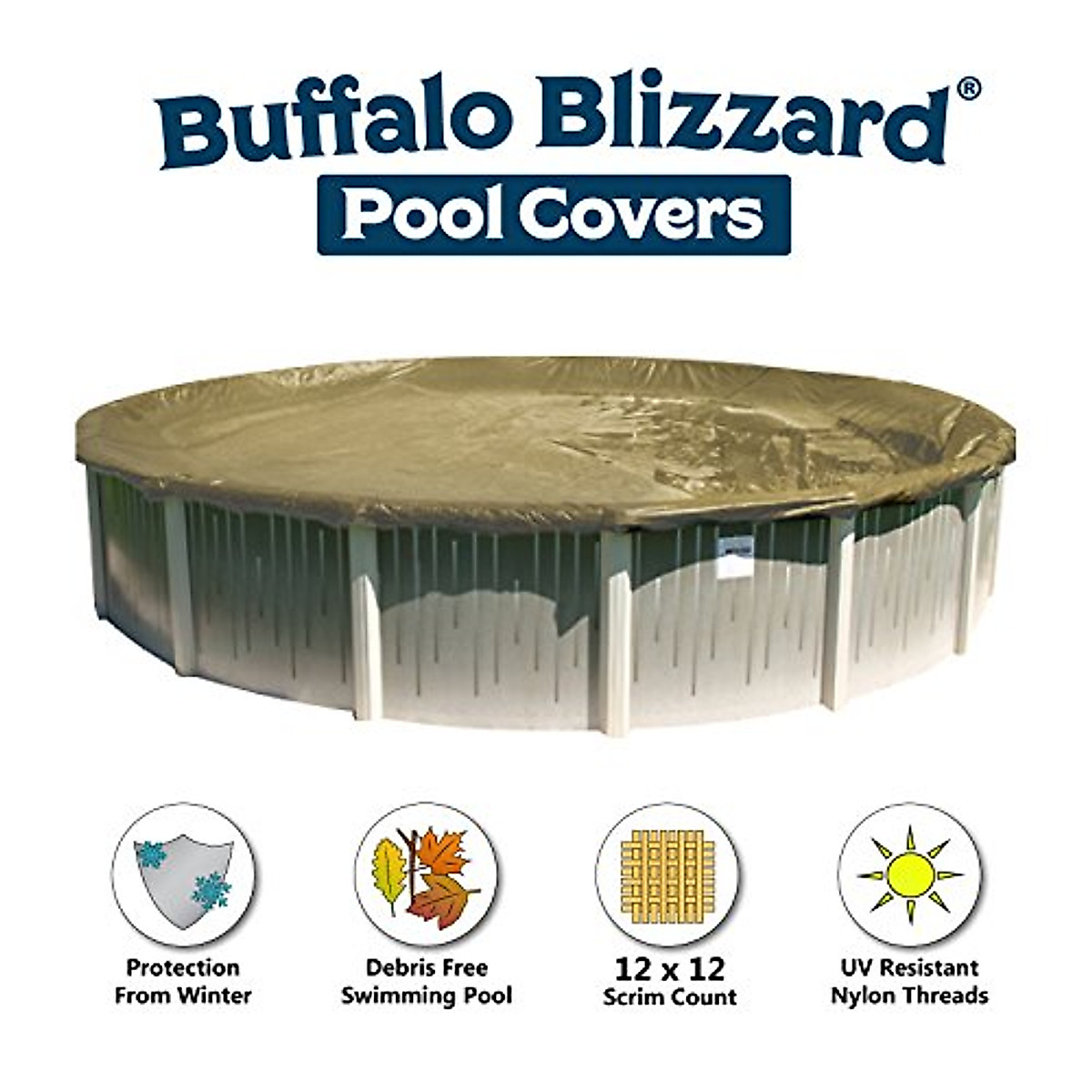 Buffalo Blizzard Supreme Plus Winter Cover for 30-Foot Round Above-Ground Swimming Pools | Tan/Silver Reversible | 4-Foot Additional Material | Wind Guard Clips Included