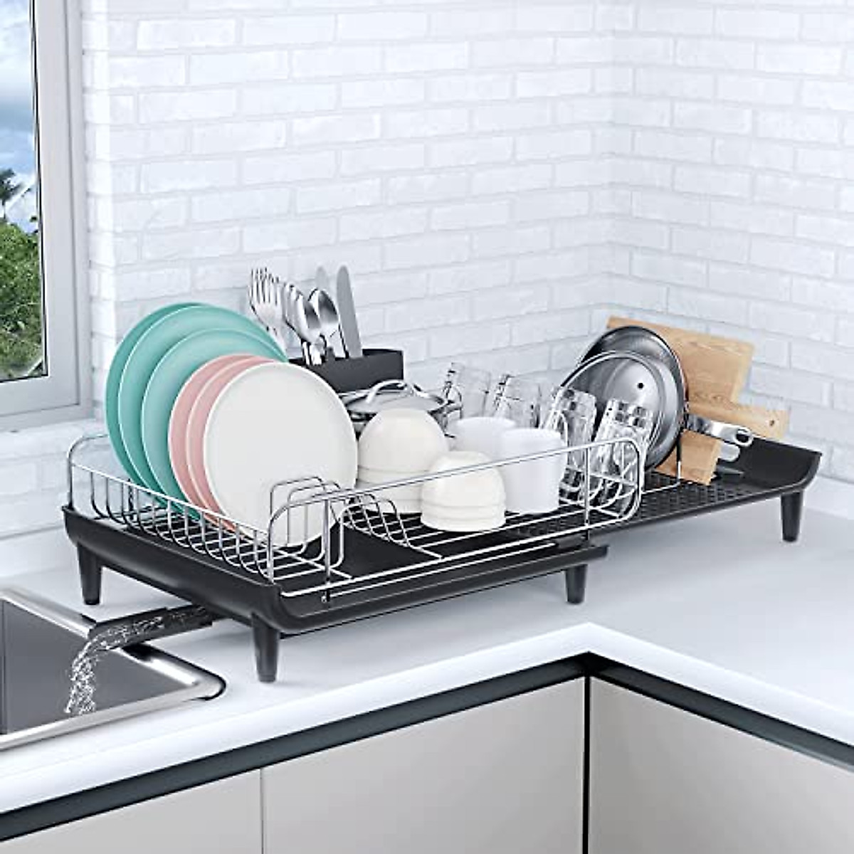 JINGFU Dish Drying Rack - Stainless Steel Dish Racks for Kitchen Counter, Large Dish Drying Rack with Drainboard, Dish drainers for Kitchen Counter,Expandable Dish Rack for Cups, Cutlery, Pot&lid