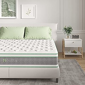 Novilla Queen Mattress 12 Inch Hybrid Mattress in a Box, Innerspring Mattress with Gel Memory Foam for a Cool Sleep, Pressure Relief, Medium Firm Mattress with Pillow Top, Groove,White&Grey&Green