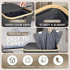 Zomhusea Double Laundry Basket with Lid - 140L Divided Laundry Hamper 2 Section with Removable Bags,Foldable Dirty Clothes Basket with Bamboo Handles - Bathroom,Dorm,College Large Hampers for Laundry