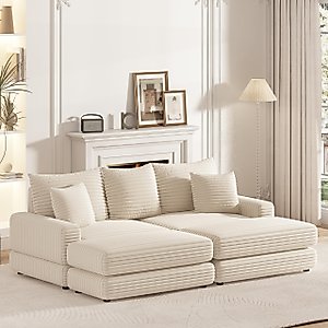 Olodumare Modern Minimalist 3-Seater Sofa with Extra Deep Seat,Corduroy Convertible Sectional Sofa Couch with 3 Back Pillows,2 toss Pillows and Two Ottoman for Living Room,Office,Small Space,Beige