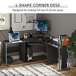 HOMCOM 69" Modern L-Shaped Tempered Glass Office Computer Desk with Elevated Monitor Stand, Rolling CPU Holder, Pull Out Keyboard Tray and Steel Frame, Black