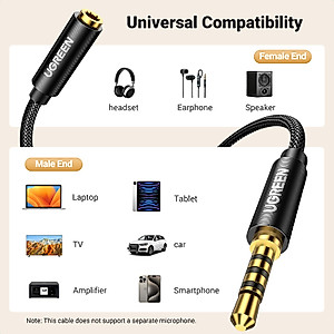 UGREEN Headphone Extension Cable 4 Pole TRRS 3.5mm Extension with Microphone Male to Female Stereo Audio Cable Gold Plated Nylon Braided Compatible with iPhone iPad Smartphones Media Players, 6.6FT