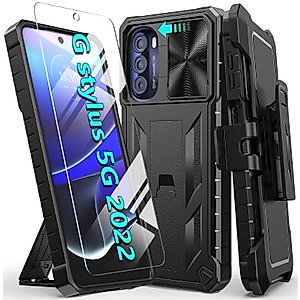 for Motorola Moto G-Stylus 5G-2022 Case: Military Grade Drop Proof Protection Rugged Protective Cell Phone Cover with Belt Clip Holster Kickstand & Slide |Shockproof TPU Matte(Belt-Clip Black)