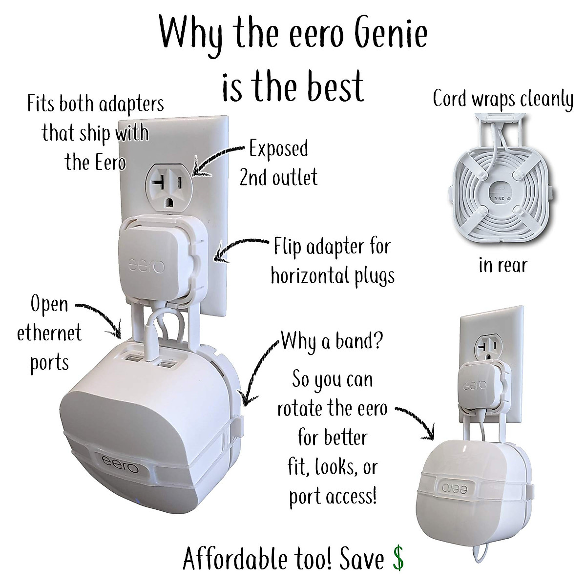 The Eero Genie for eero 6, 6+, and Mesh Wi-Fi: Wall Mount Outlet Holder Stand | Lowest Profile | Open Access | Multiple Install Options | Horizontal Outlets | Design Winner! (3-Pack)