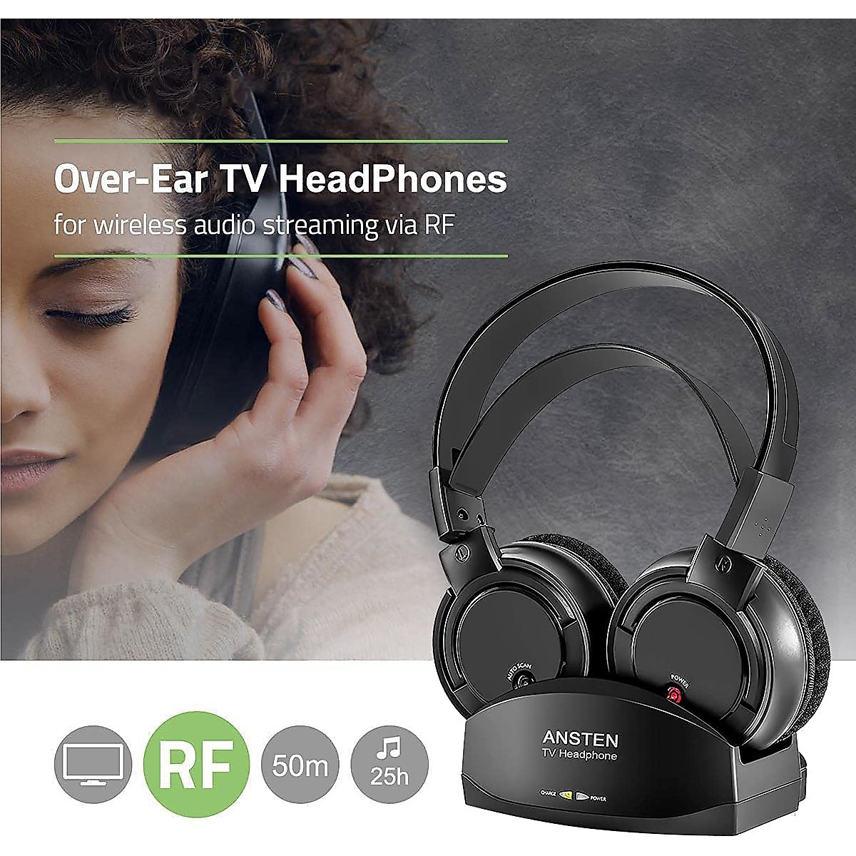 ANSTEN Wireless Headphones for TV Watching, Over Ear Headsets with RF Transmitter Charging Dock with 3.5 mm AUX/RCA, Rechargeable Stereo TV Wireless Headphone,164 ft Work Rang, No Audio Delay