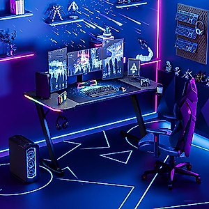 Kemon Gaming Desk with LED Lights, Z Shaped PC Gaming Table Computer Desk Ergonomic Home Office Desks, Carbon Fibre Surface Gamer Workstation with Mouse Pad, Cup Holder and Headphone Hook (63 inch)