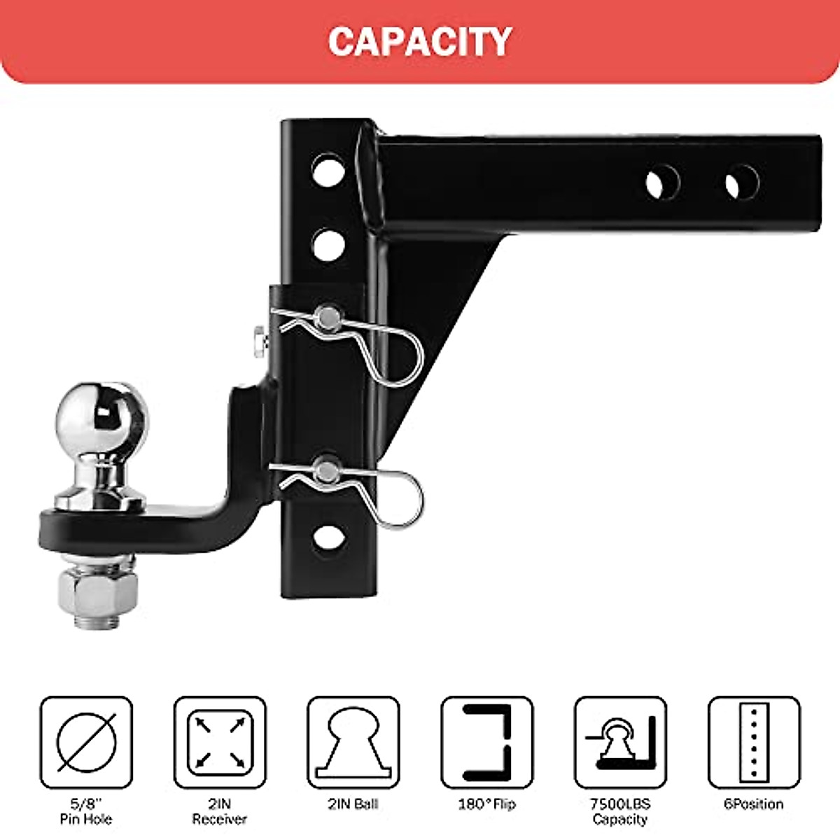 OPENROAD Adjustable Trailer Hitch Ball Mount Fits 2-Inch Receiver, 2" Tow Balls 7500lbs, 9-1/2" Drop/ 8-1/4" Rise Drop Hitch, Tow Hitch for Heavy Duty Truck with Stainless Steel Pins and Lock