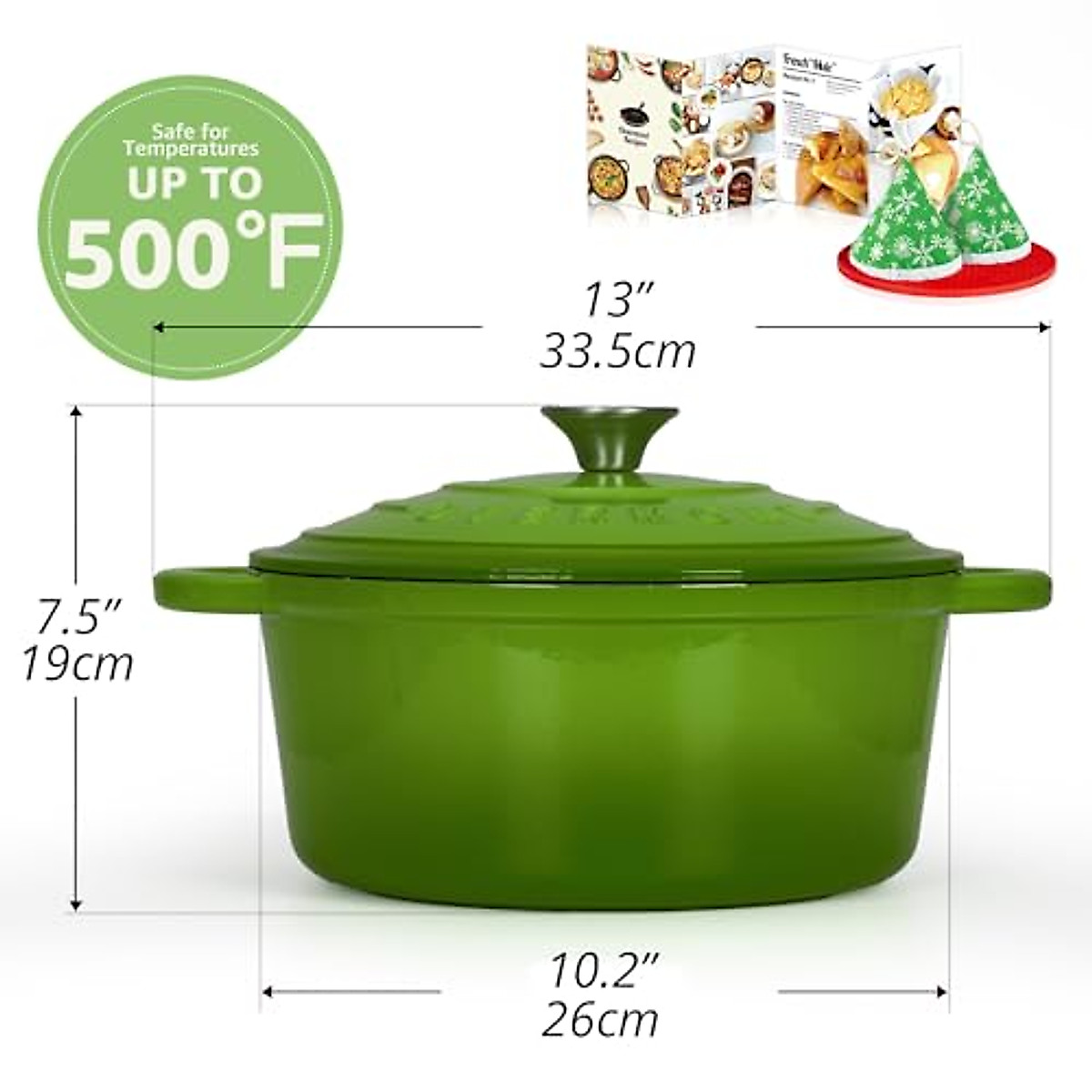 Overmont Enameled Cast Iron Dutch Oven - 5.5QT Pot with Lid Cookbook & Cotton Potholders - Heavy-Duty Cookware for Braising, Stews, Roasting, Bread Baking green