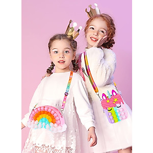 Pop Purse Pack Toy, Unicorn Rainbow Shoulder Crossbody Small Mini Little Keychain, 3 4 5 6 7 8 9 10 12 Year Old Birthday Gifts for Toddler Kids Girl, Christmas Stocking Stuffers