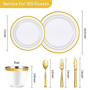Goodluck 600 Pieces Gold Disposable Plates for 100 Guests, Plastic Plates for Party, Dinnerware Set of 100 Dinner Plates, 100 Salad Plates, 100 Spoons, 100 Forks, 100 Knives, 100 Cups
